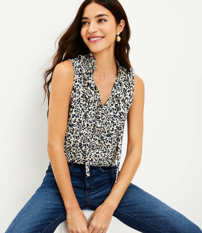 Petite Floral Ruffle Tie Neck Mixed Media Shell