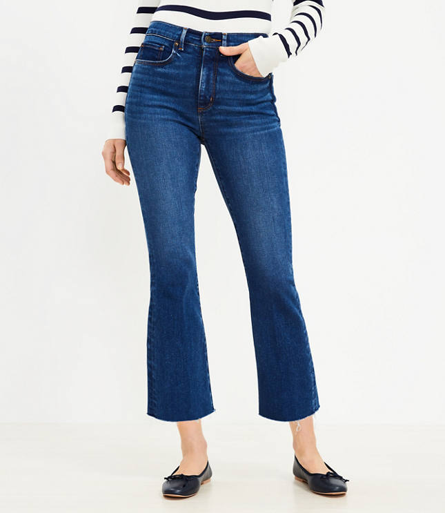 Destructed Hem High Rise Kick Crop Jeans in Clean Dark Wash