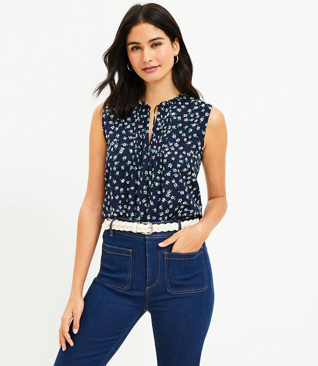 Daisy Pintucked Ruffle Tie Neck Shell