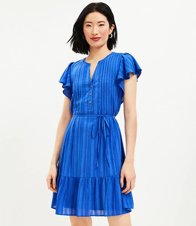 Textured Stripe Flutter Button Swing Dress