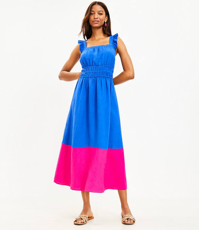 Colorblock Ruffle Strap Square Neck Midi Dress