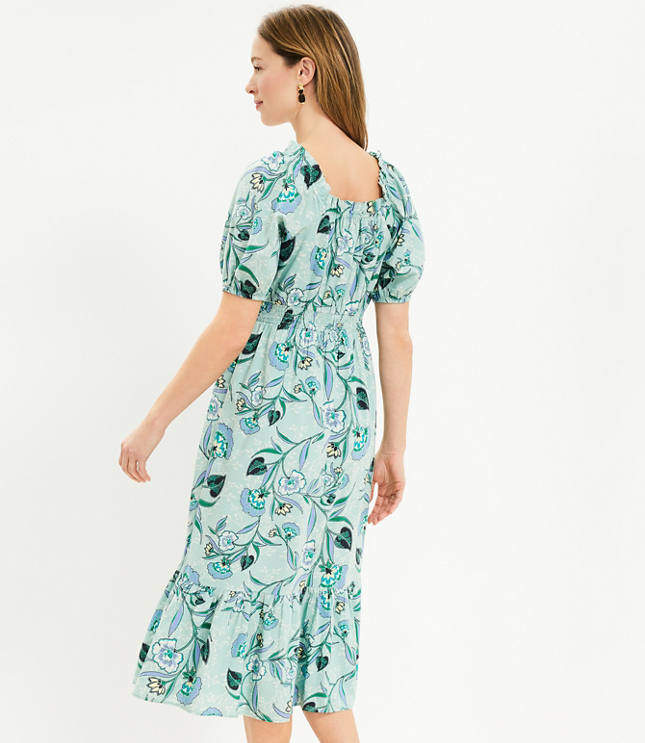 Floral Smocked Square Neck Midi Dress