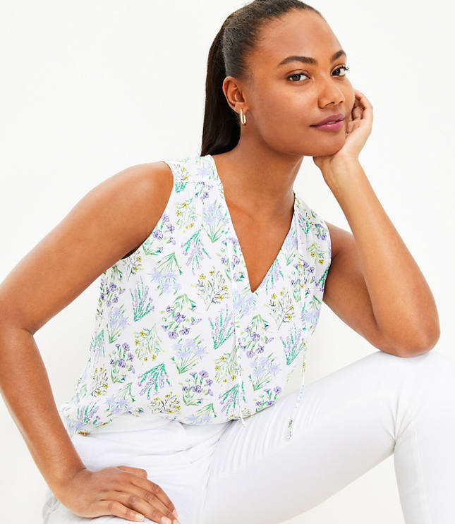 Bouquet Tie Neck Mixed Media Shell