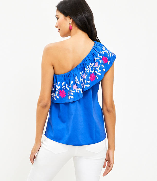 Floral Embroidered Ruffle One Shoulder Top