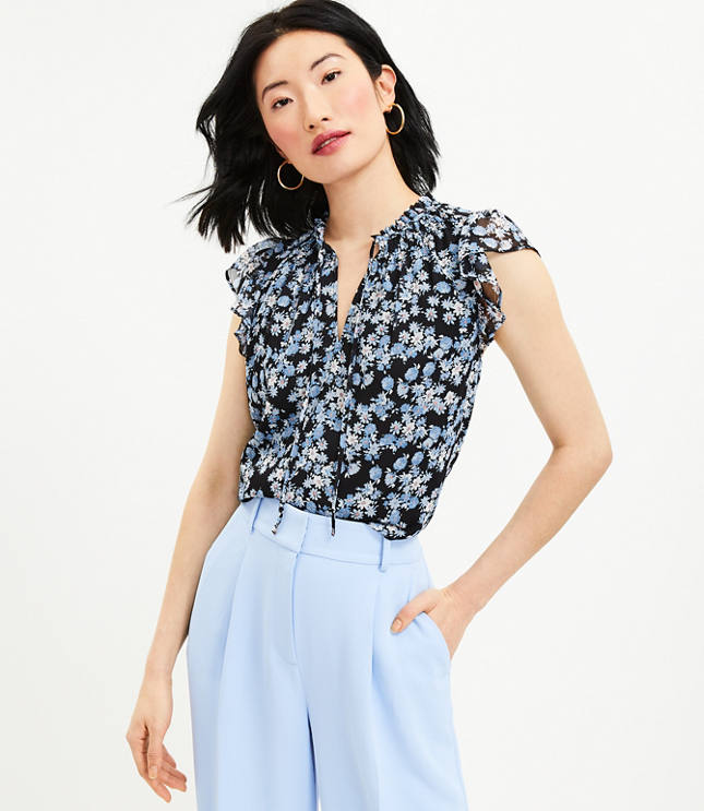 Floral Smocked Tie Neck Flutter Shell