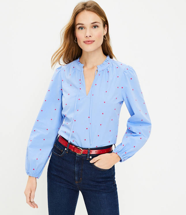 Dotted Ruffle Tie Neck Blouse