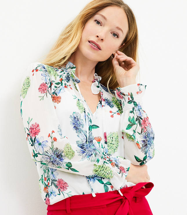 Bouquet Ruffle Tie Neck Blouse