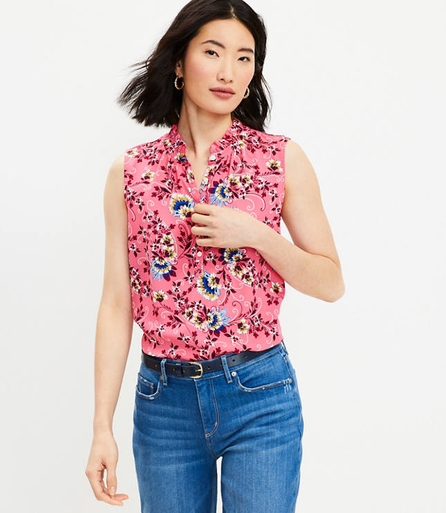 Petite Floral Ruffle Mixed Media Shell