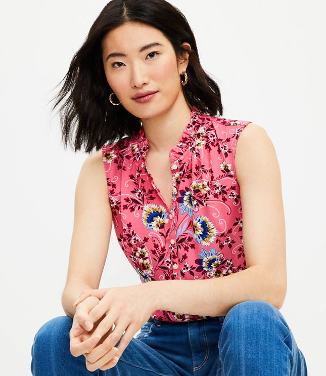 Petite Floral Ruffle Mixed Media Shell