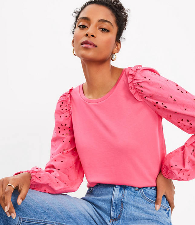 Lace Ruffle Sleeve Mixed Media Top