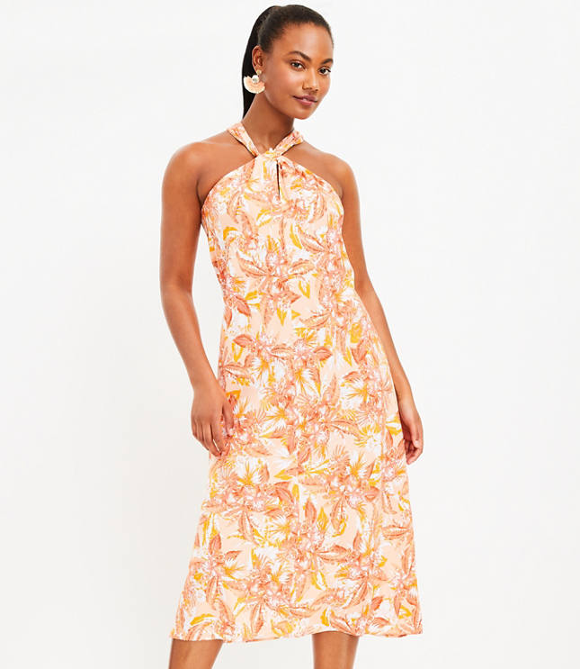 Palm Keyhole Halter Midi Dress