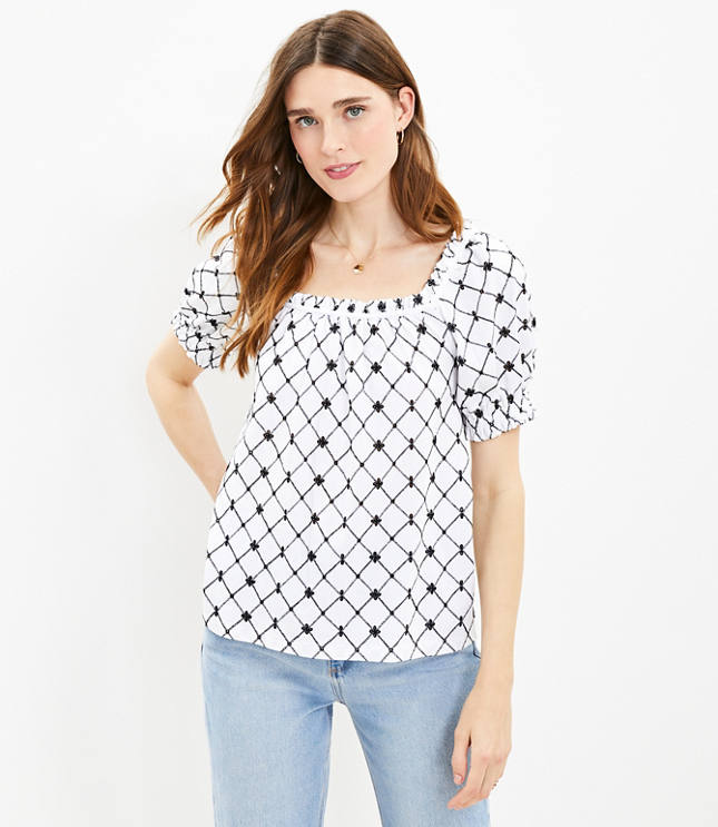 Eyelet Puff Sleeve Square Neck Top
