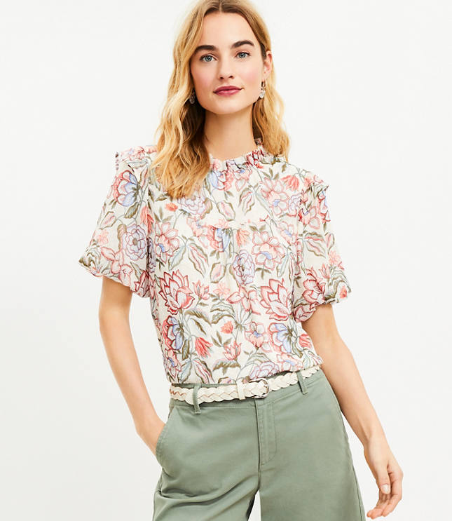Floral Ruffle Neck Balloon Sleeve Top