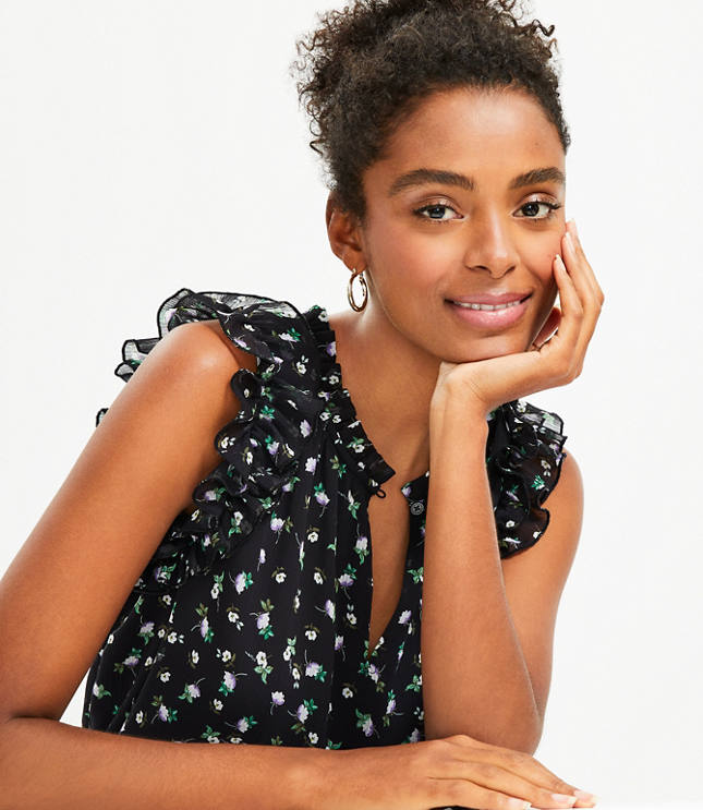 Floral Ruffle Split Neck Shell