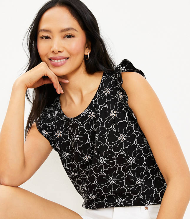 Floral Embroidered Ruffle Sleeve Top