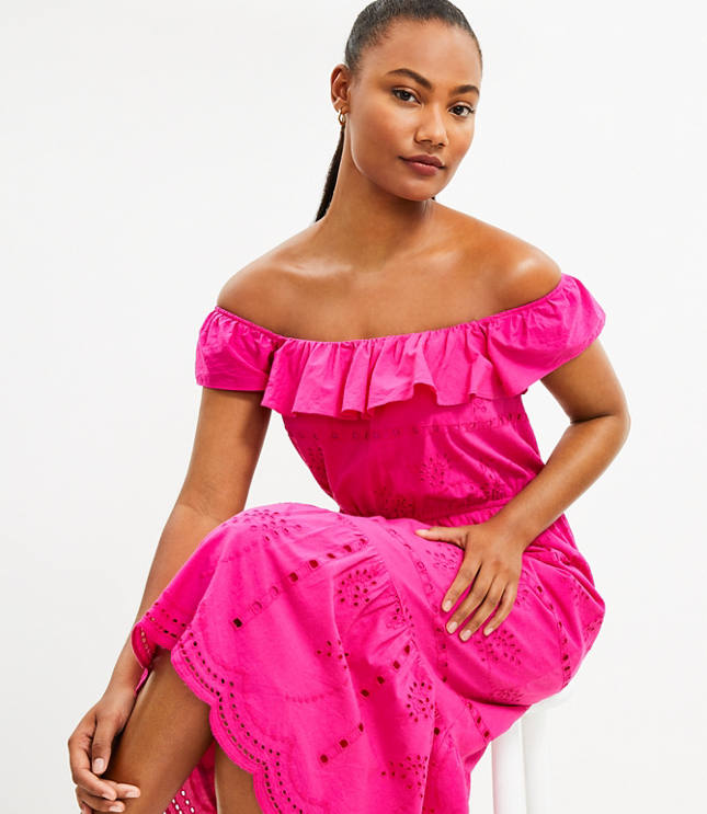Eyelet Ruffle Square Neck Midi Dress