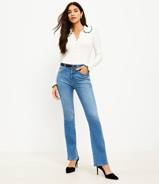 Petite Destructed Mid Rise Boot Jeans in Classic Mid Stone Wash