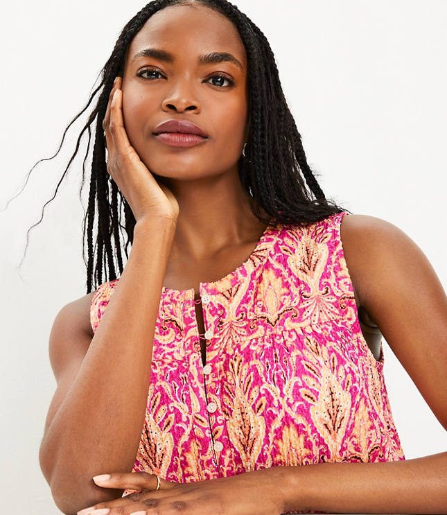 Paisley Shirred Button Shell