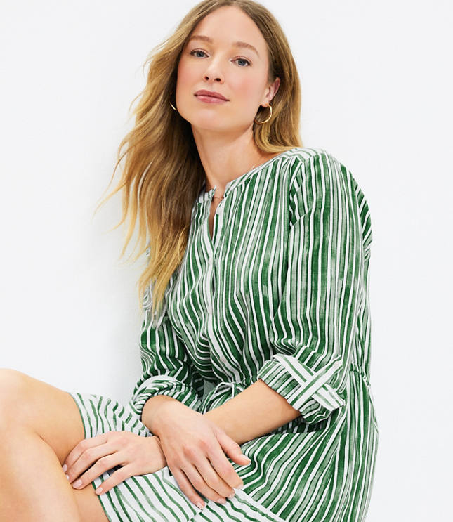 Striped Tab Sleeve Button Flounce Dress