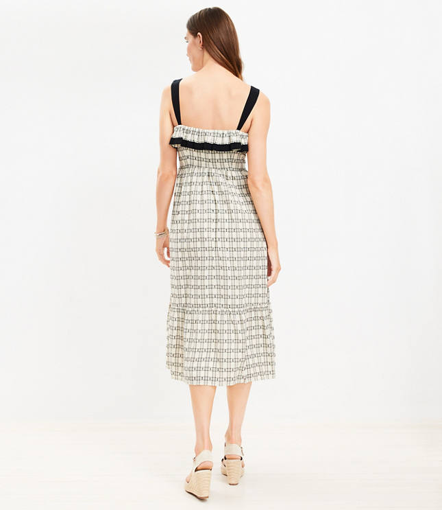 Plaid Ruffle Square Neck Midi Dress