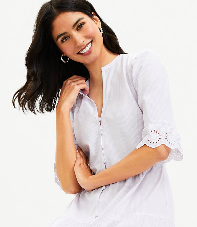 Striped Eyelet Cuff Tiered Midi Dress