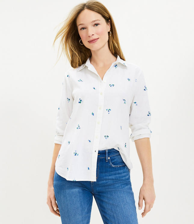 Petite Embroidered Floral Linen Blend Everyday Shirt