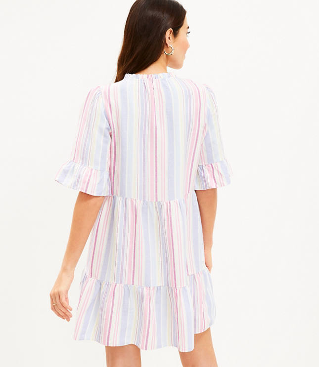 Petite Striped Ruffle Tie Neck Tiered Swing Dress