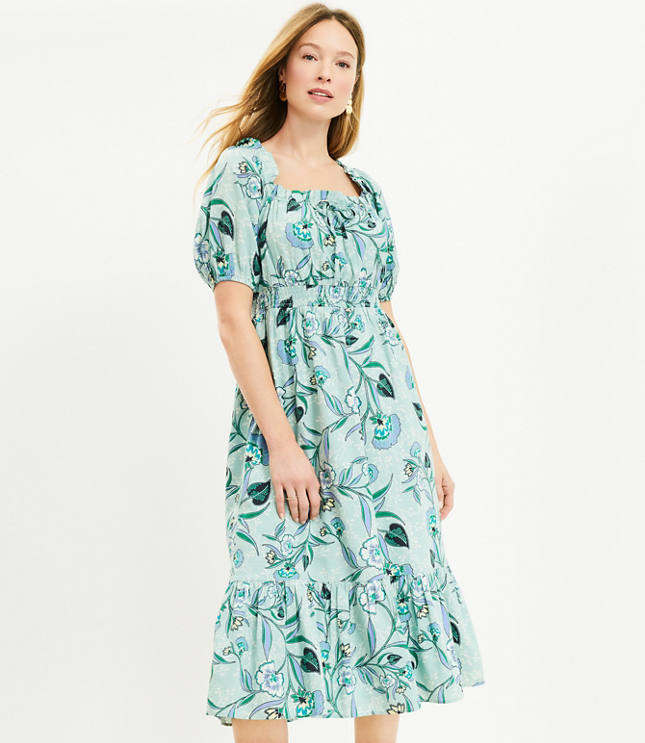 Petite Floral Smocked Square Neck Midi Dress