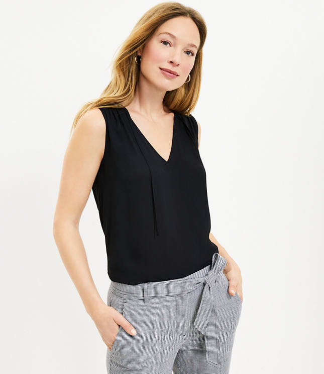 Petite Tie Neck Mixed Media Shell