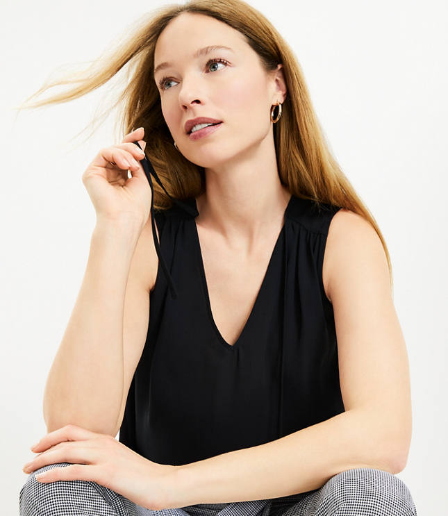 Petite Tie Neck Mixed Media Shell