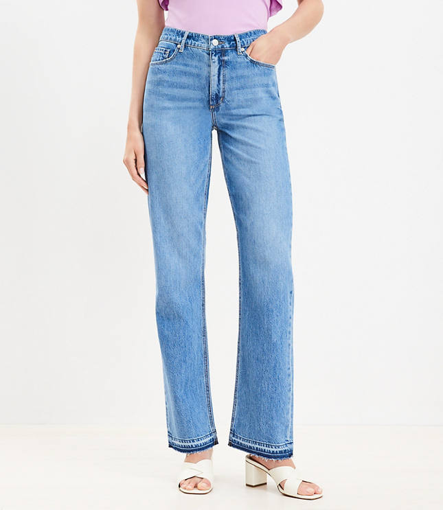 Let Down Hem High Rise Full Length Straight Jeans in Destructed Mid ...