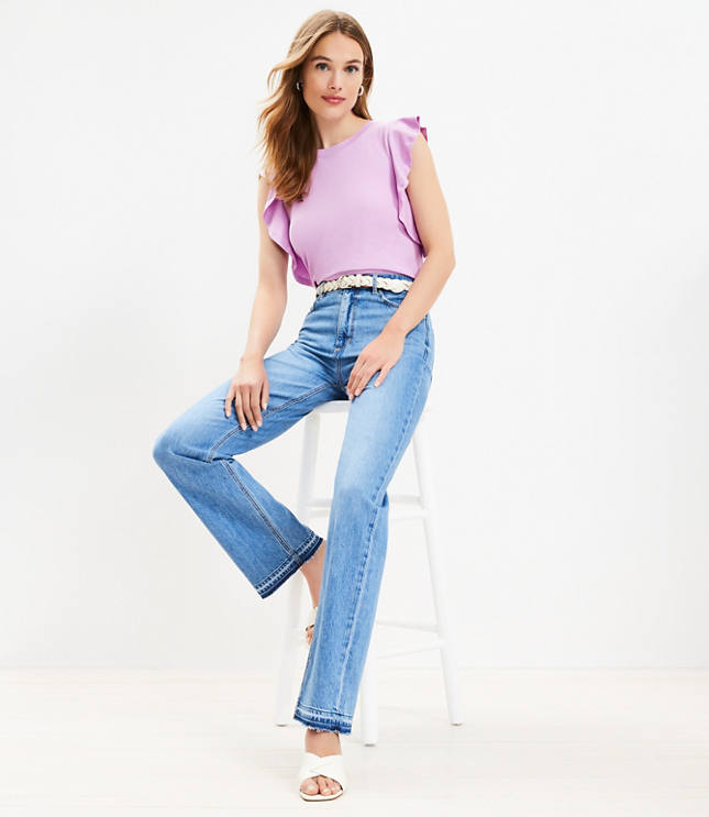 Let Down Hem High Rise Full Length Straight Jeans in Destructed Mid ...