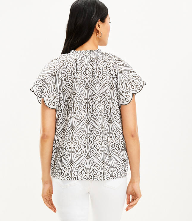 Embroidered Scalloped Flutter Blouse