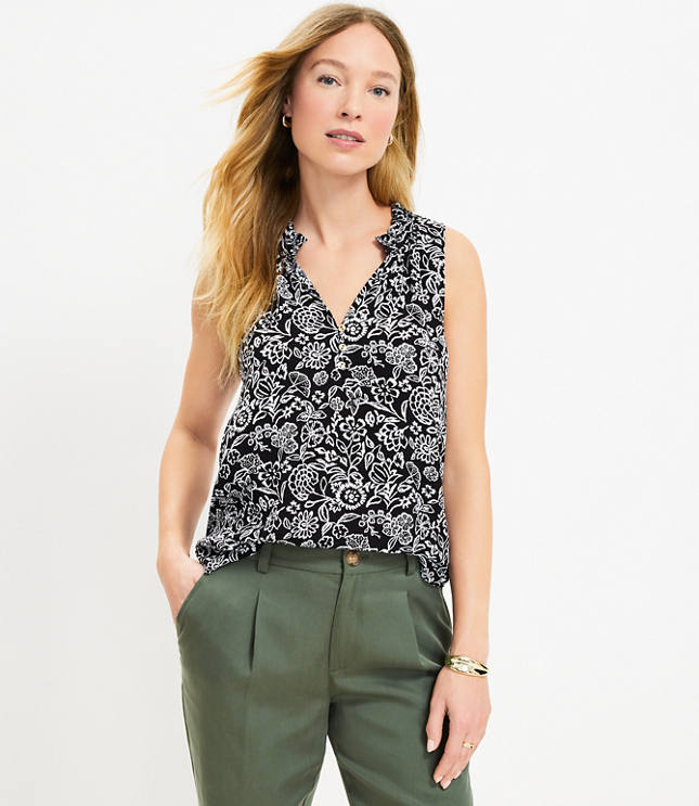 Garden Ruffle Neck Button Shell