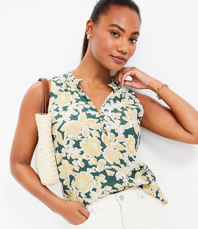 Floral Ruffle Neck Button Shell
