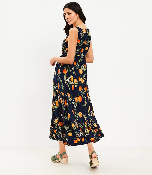 Petite Orange Harvest Button Tie Neck Midi Dress