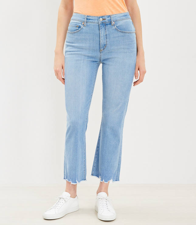 Petite Curvy Chewed Hem High Rise Kick Crop Jeans in Pure Light Indigo Wash