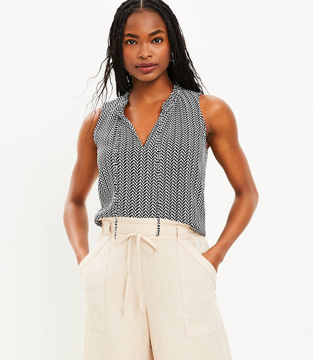 Petite Chevron Ruffle Tie Neck Shell