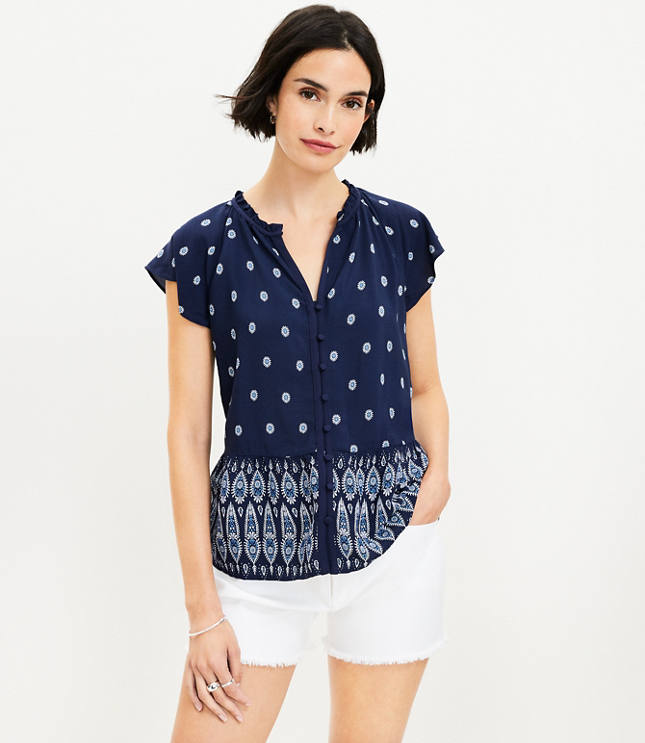 Petite Geo Ruffle Neck Peplum Top