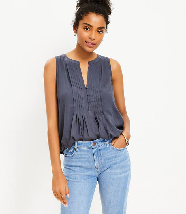 Petite Pintucked Button Split Neck Shell