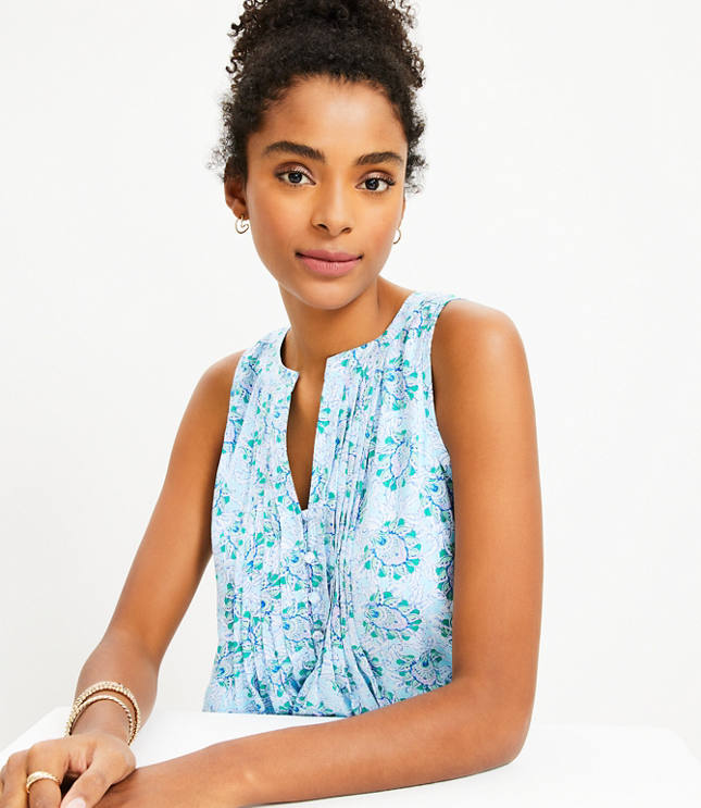 Petite Floral Pintucked Button Split Neck Shell