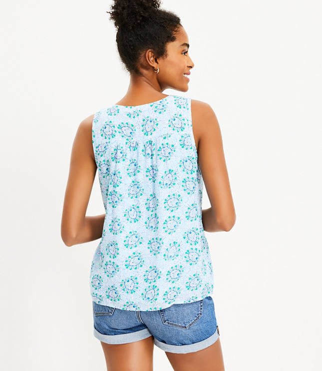 Petite Floral Pintucked Button Split Neck Shell