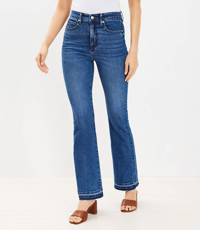 Unpicked Hem High Rise Slim Flare Jeans in Dark Wash
