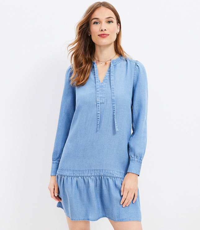 Tall Chambray Tie Neck Flounce Swing Dress