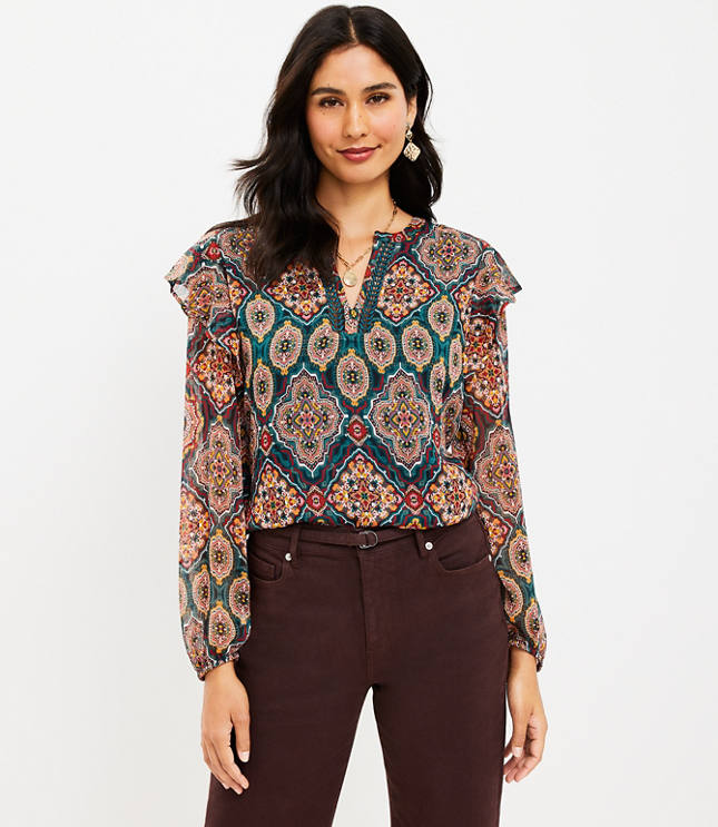 Petite Tapestry Ruffle Split Neck Blouse