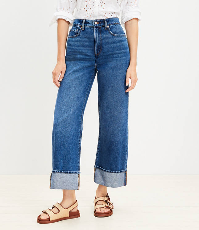 Tall Flip Cuff High Rise Wide Leg Crop Jeans in Medium Faded Wash