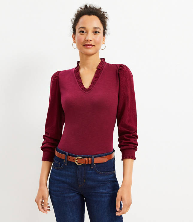 Ruffle Trim V-Neck Mixed Media Top