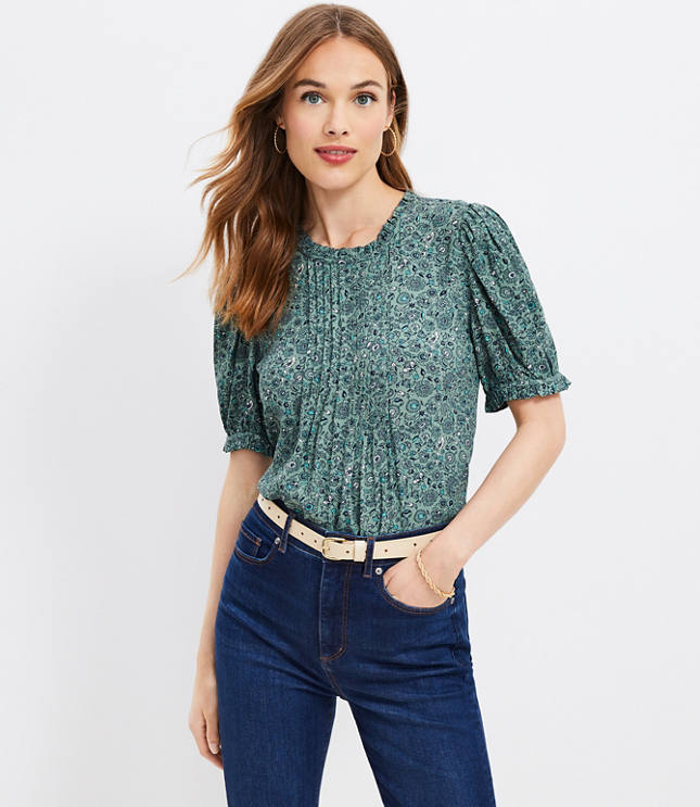 Floral Pintucked Ruffle Puff Sleeve Top