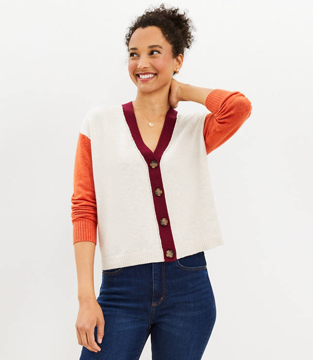 Petite Colorblock Cropped V-Neck Cardigan
