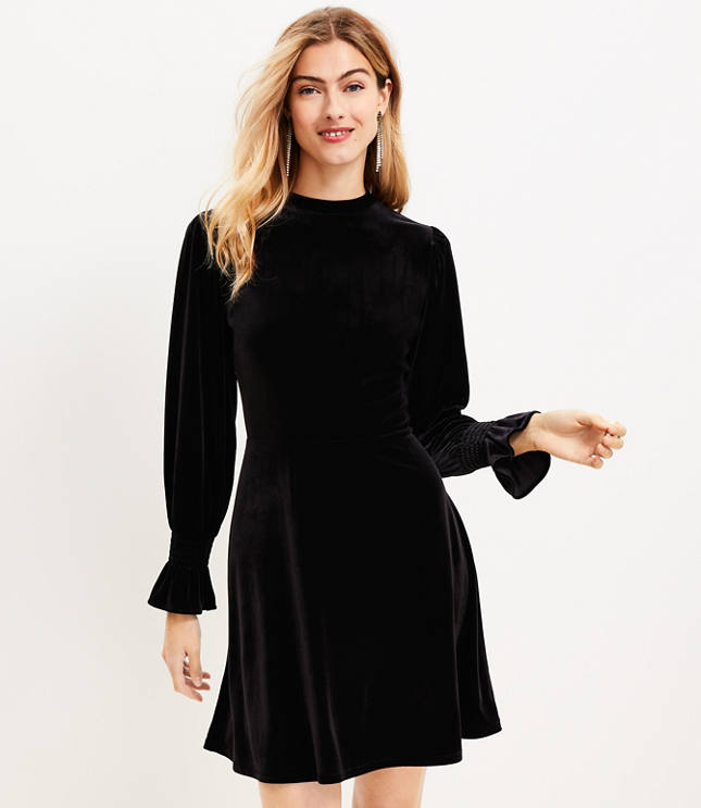 Tall Velvet Smocked Ruffle Cuff Flare Dress